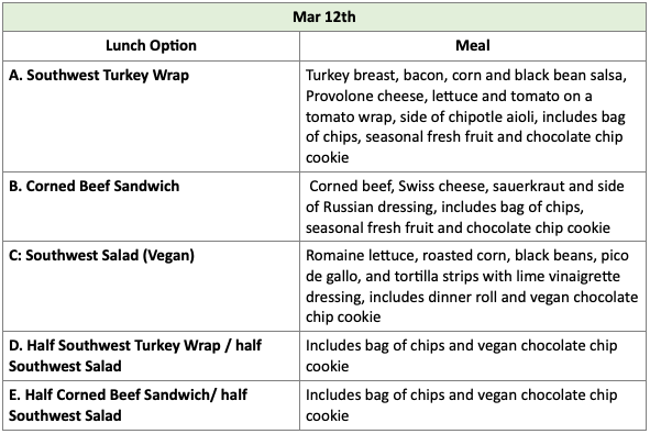 WCC Meeting Lunch Menu