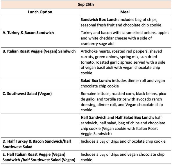 WCC Meeting Lunch Menu